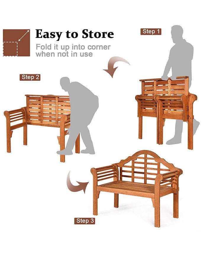 Costway 49'' Outdoor Folding Bench Eucalyptus Wood Backrest Armrest ...