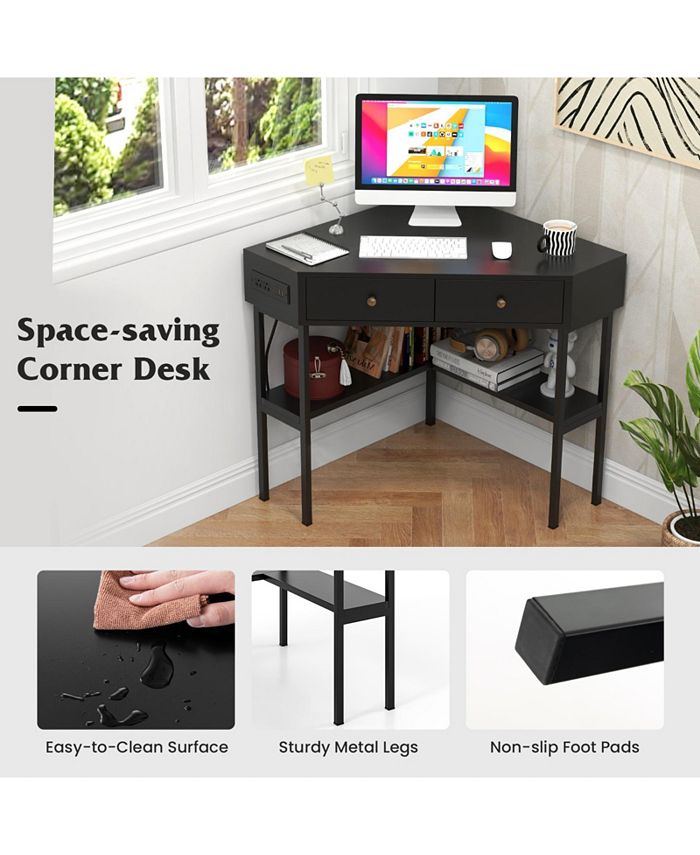 Slickblue Space Saving Corner Computer Desk with 2 Large Drawers and ...