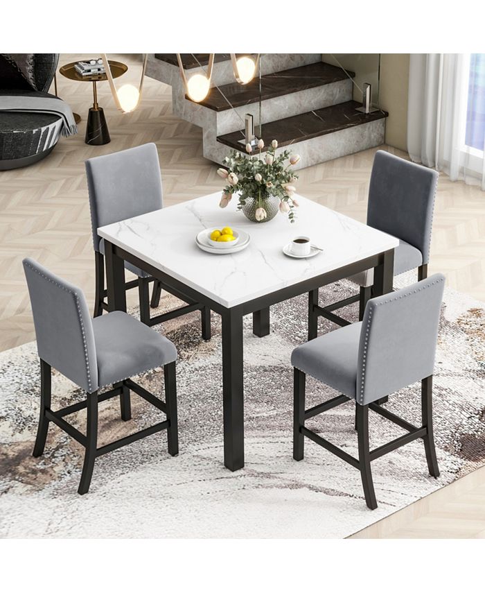 Simplie Fun 5-Piece Grey Dining Set: Faux Marble Table, 4 Velvet Chairs ...