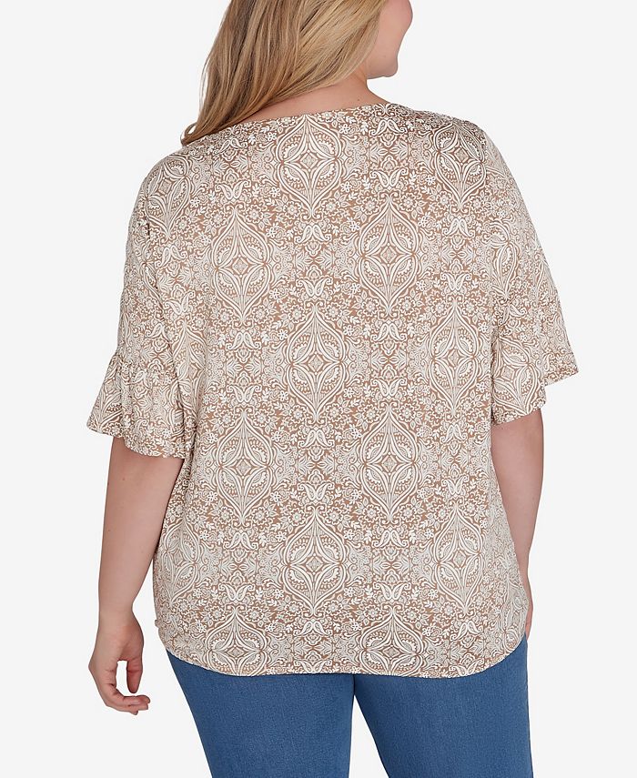 Ruby Rd. Plus Size Medallion Puff Print Tied T-Shirt - Macy's