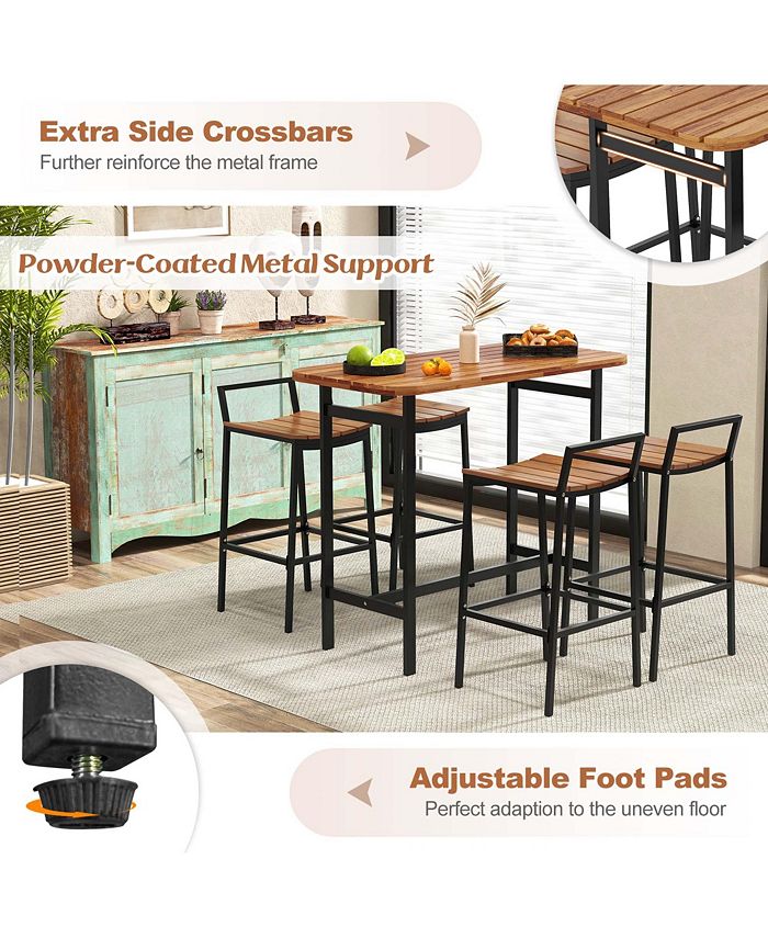 Costway 5 PCS Acacia Wood Bar Table Set Outdoor Bar Height Table ...