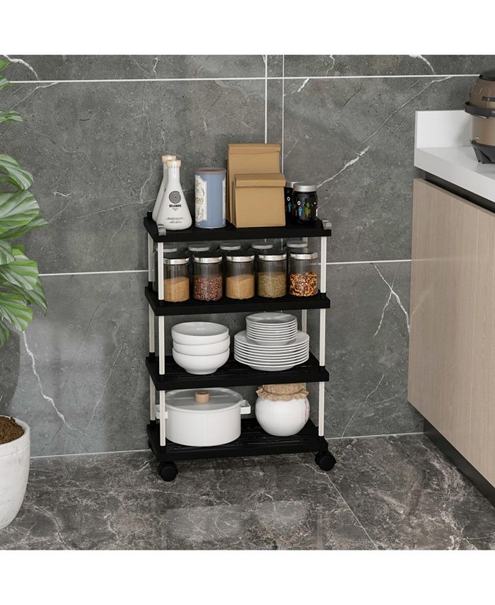 Slickblue 4-Tier Kitchen Slim Storage Cart with Lockable Wheels-Black ...