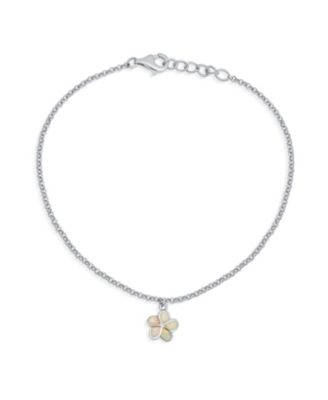 Created White Synthetic Opal Inlay Plumeria Flower Anklet Link Chain Ankle Bracelet For Women Sterling Silver Adjustable
