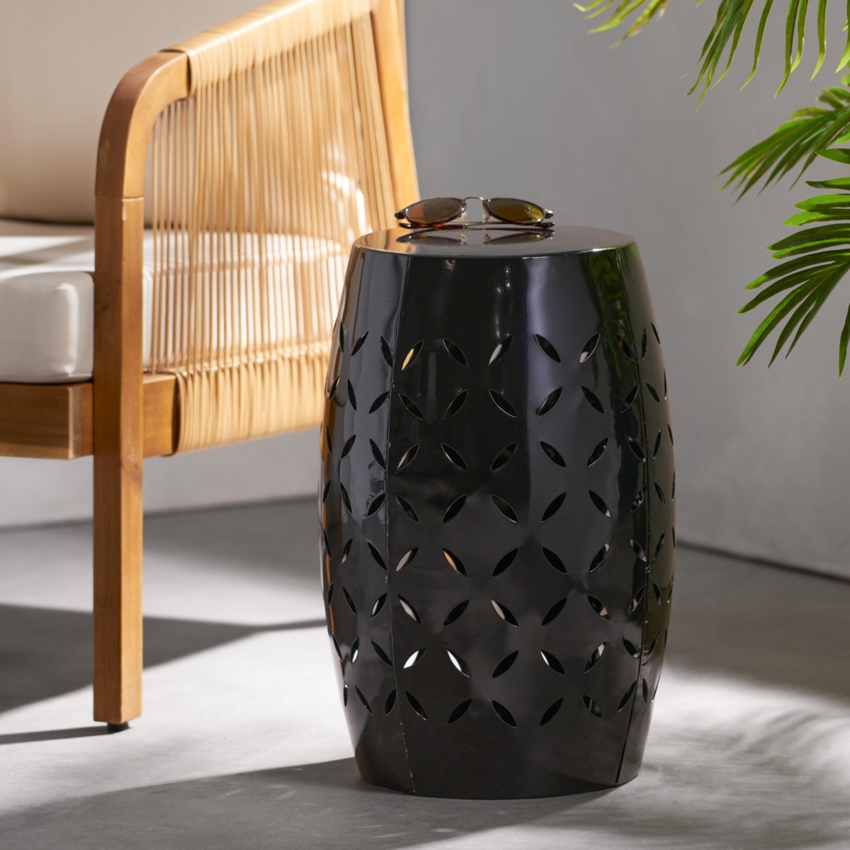 Click here for Streamdale Black Barrel-Shaped Lace-Cut Side Table... prices