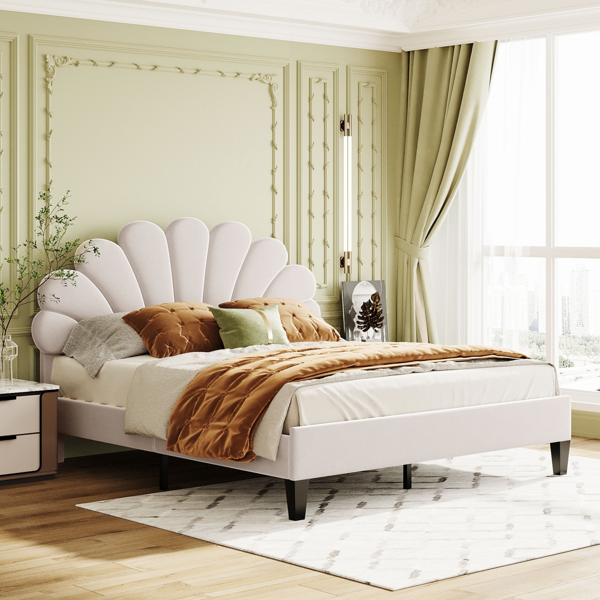 Click here for Streamdale Velvet Flower Platform Bed  Queen - Bei... prices