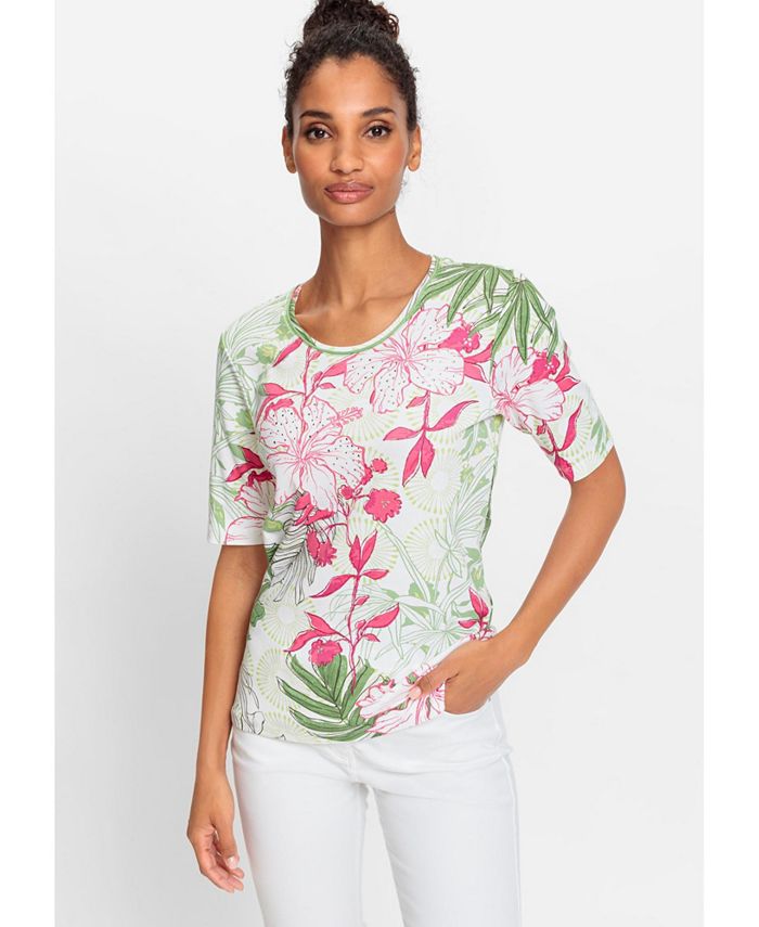 Olsen Women's 100% Cotton Short Sleeve Tropic Print T-Shirt - Macy's