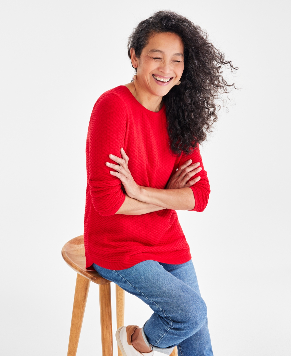 Click here for Style & Co Petite Cotton Curved-Hem Stitch Sweater... prices