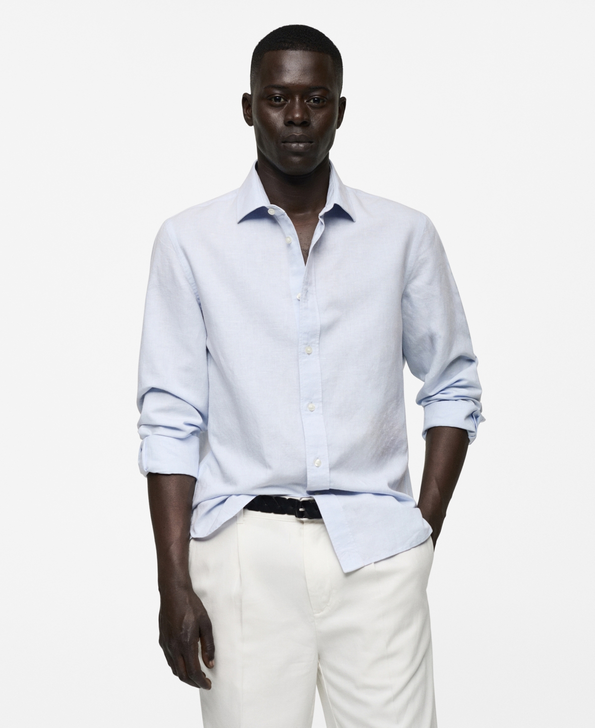 Click here for Mango Mens Slim Fit Linen Blend Shirt - Sky Blue prices