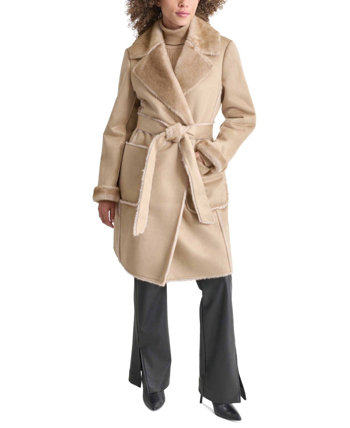 Dkny Women's Belted Notched-collar Faux-shearling Coat, Created For Macy's In Camel | ModeSens