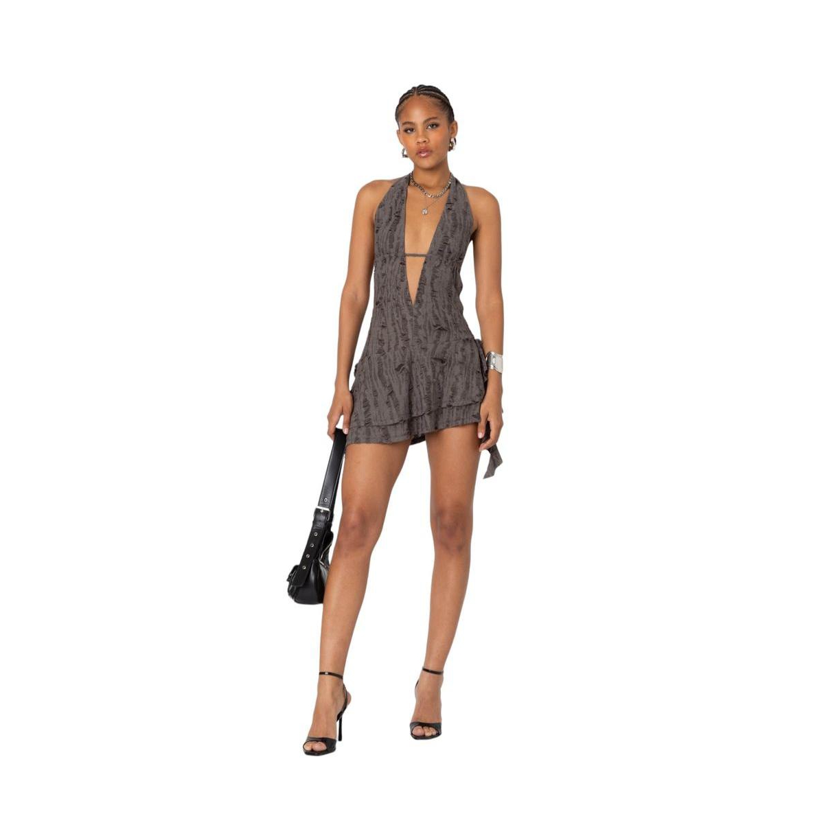 Click here for Womens Shredded backless halter mini dress - Brown prices