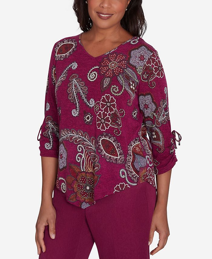 Alfred Dunner Women's Wine Country Floral V Neck Top with Three Quarter ...