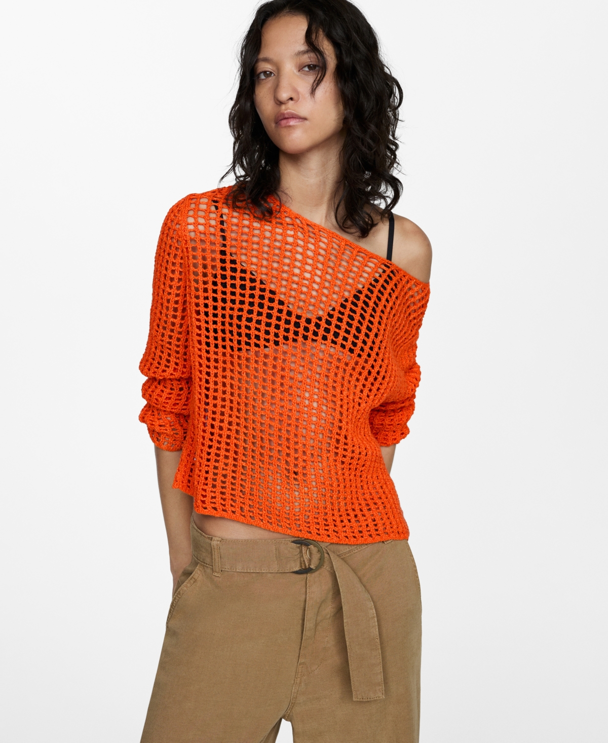 Click here for Mango Womens Openwork Knit Sweater - Orange prices