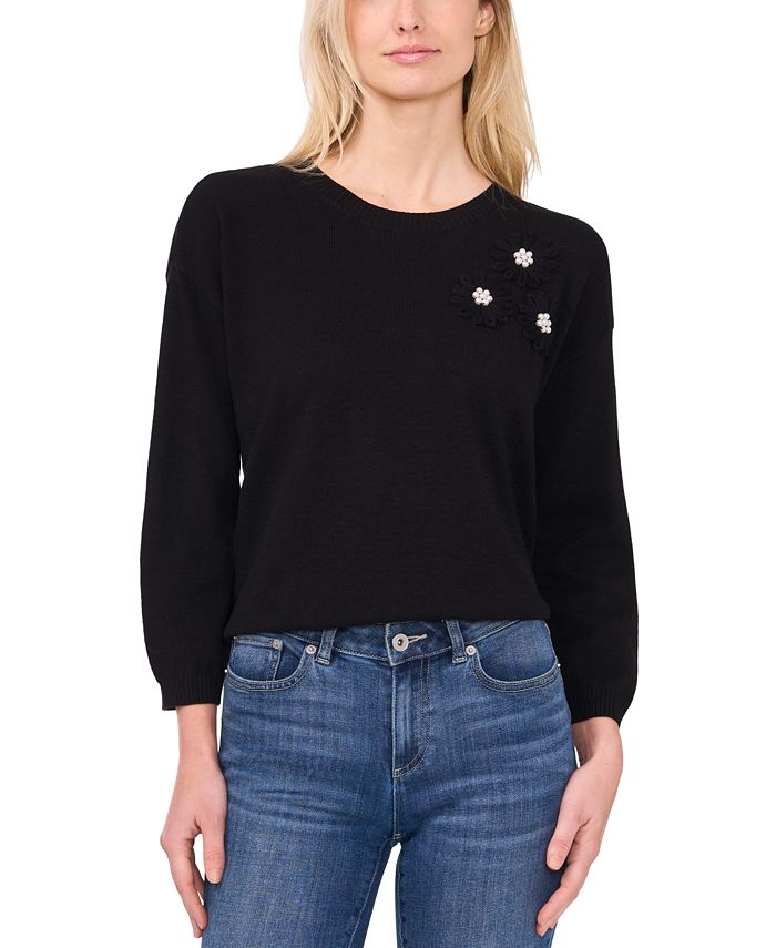 CeCe Women's Embellished Embroidered 3/4-Sleeve Sweater - Macy's