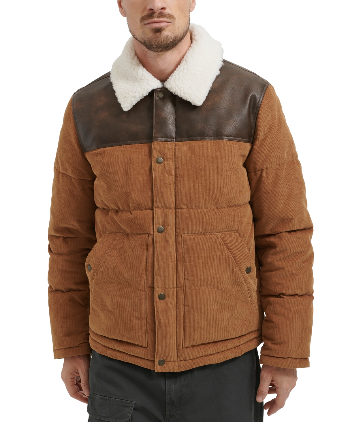 Click here for Levis Mens Mixed-Media Western Puffer Jacket - Bro... prices
