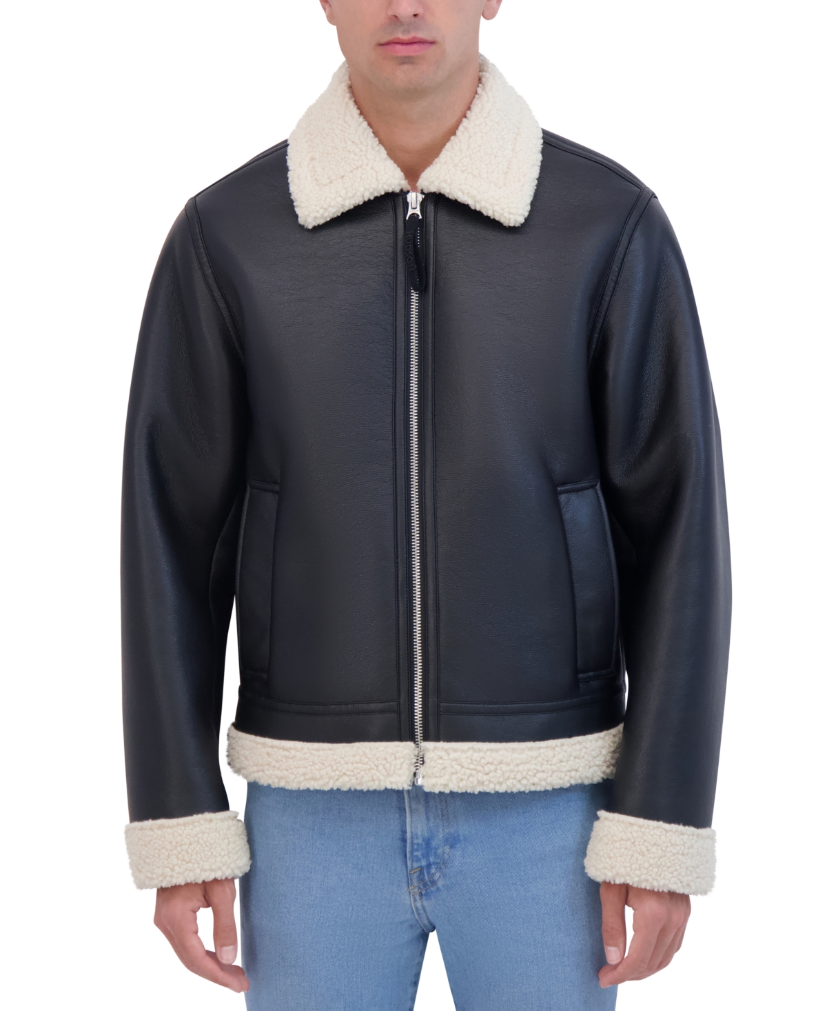 Click here for Hudson Mens Shearling Bomber Jacket - Black prices