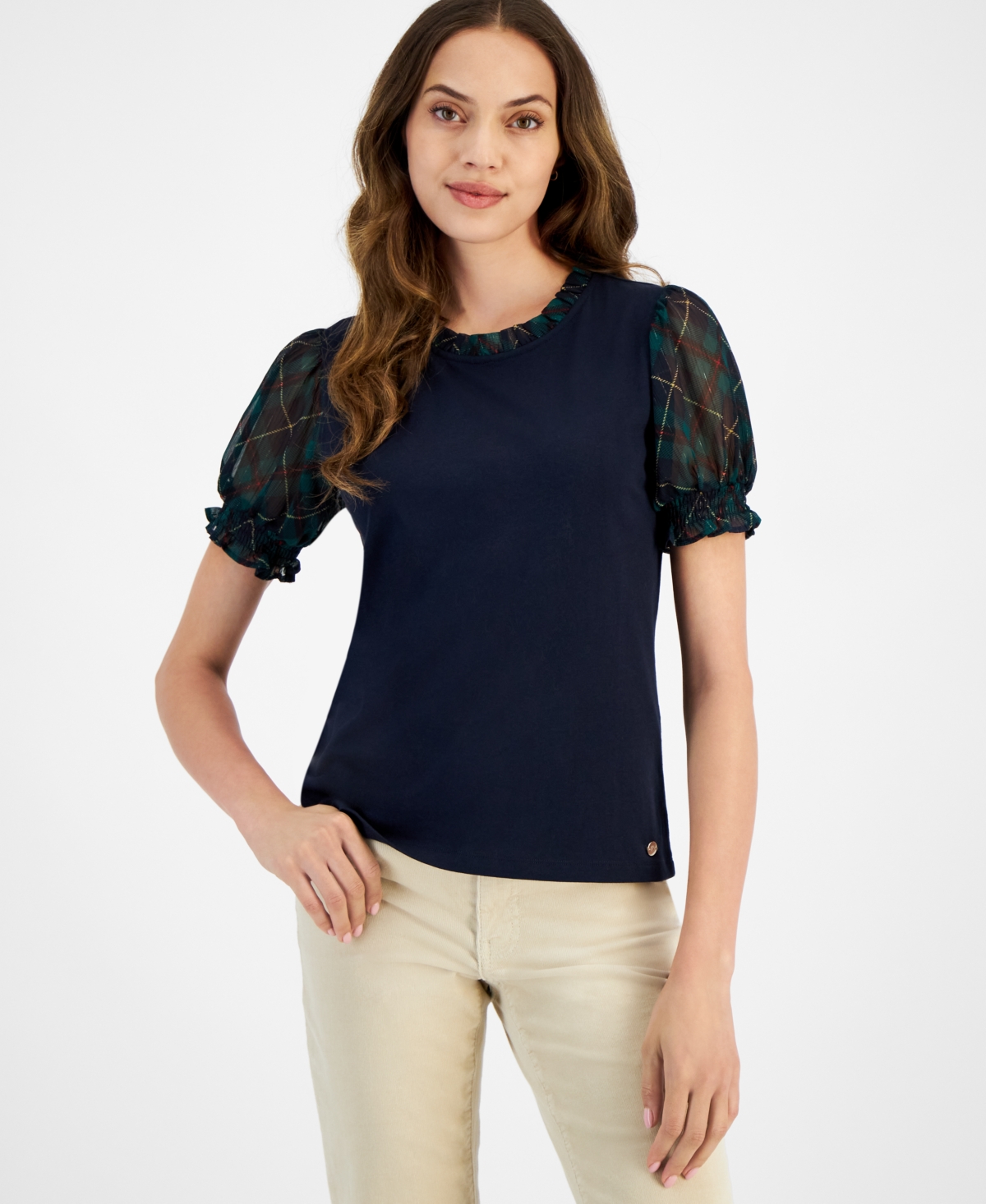 Tommy Hilfiger Womens Mixed-Media Plaid Puff-Sleeve Top - Sky Captain