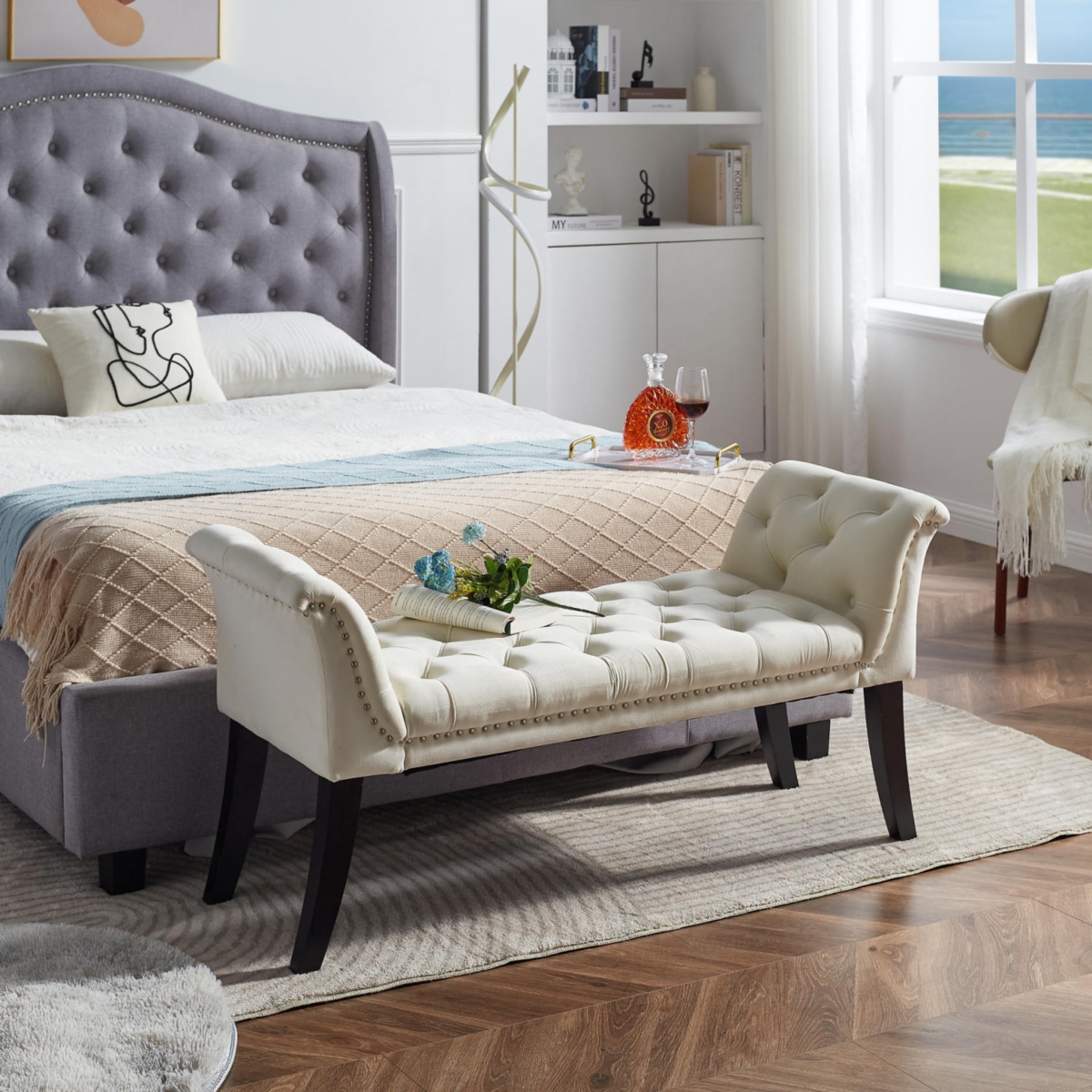 Click here for Streamdale Beige Velvet Rectangle Bench for Bedroo... prices
