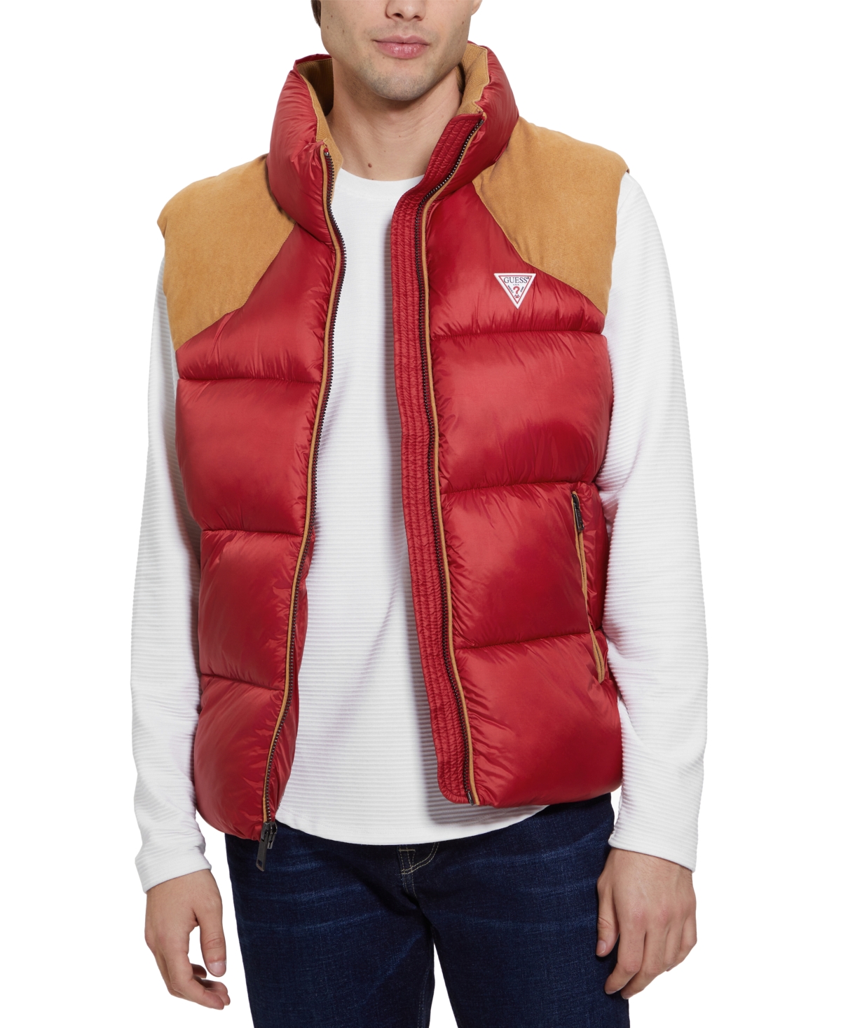 Click here for Guess Mens Fabric Block Puffer Vest - Chili Red Mu... prices