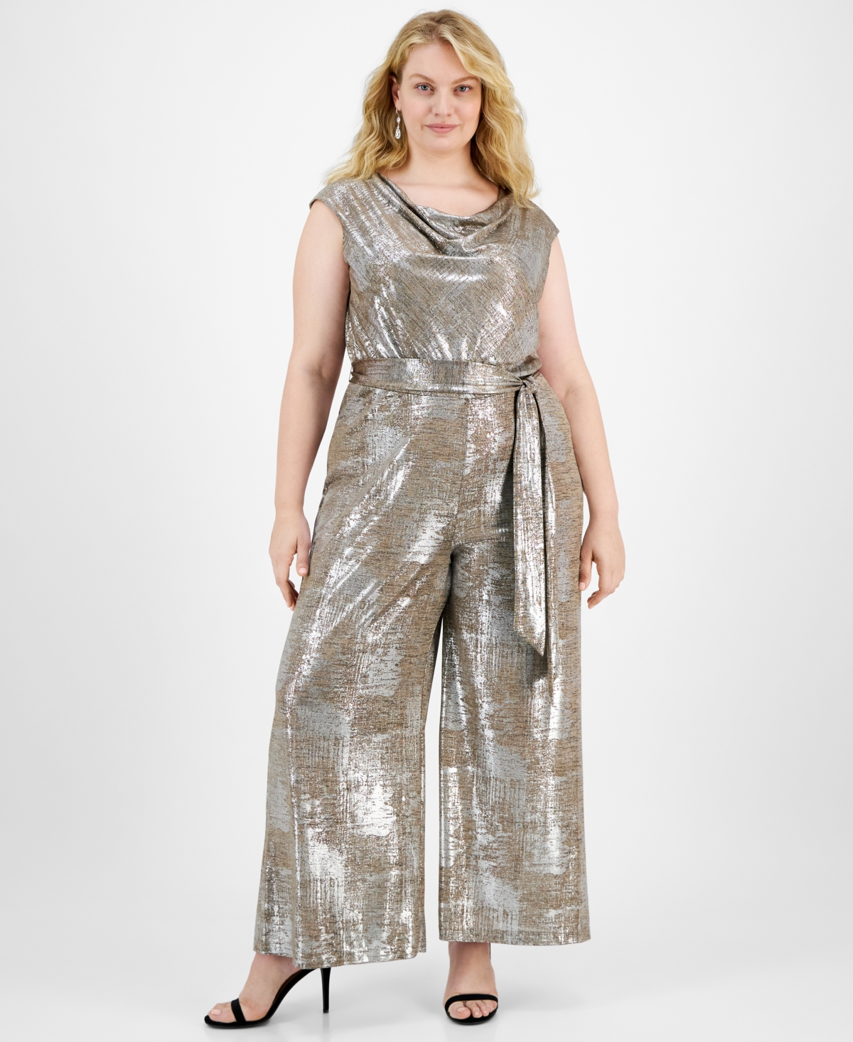 Click here for Connected Plus Size Metallic Wide-Leg Jumpsuit - F... prices