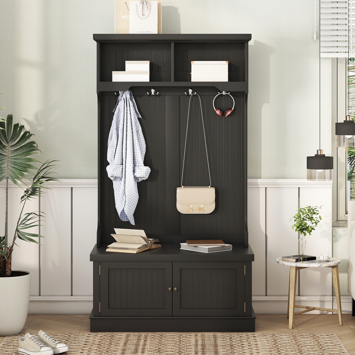 Simplie Fun Black Hall Tree with Bench and Coat Racks - Black | Smart ...