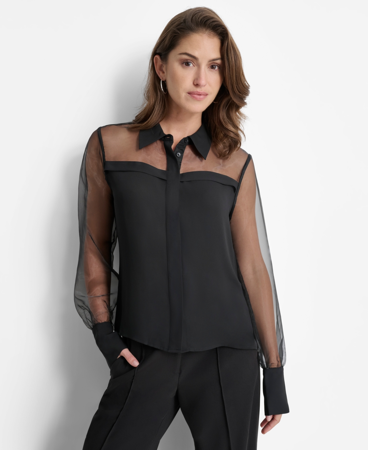 Click here for Dkny Womens Mixed-Media Organza Long-Sleeve Blouse... prices