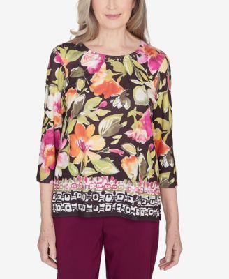Alfred Dunner Petite Classics Bold Floral Geometric Border Top - Macy's