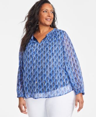JM Collection Plus Size Printed Split-Neck Blouse, Exclusively at Macy ...