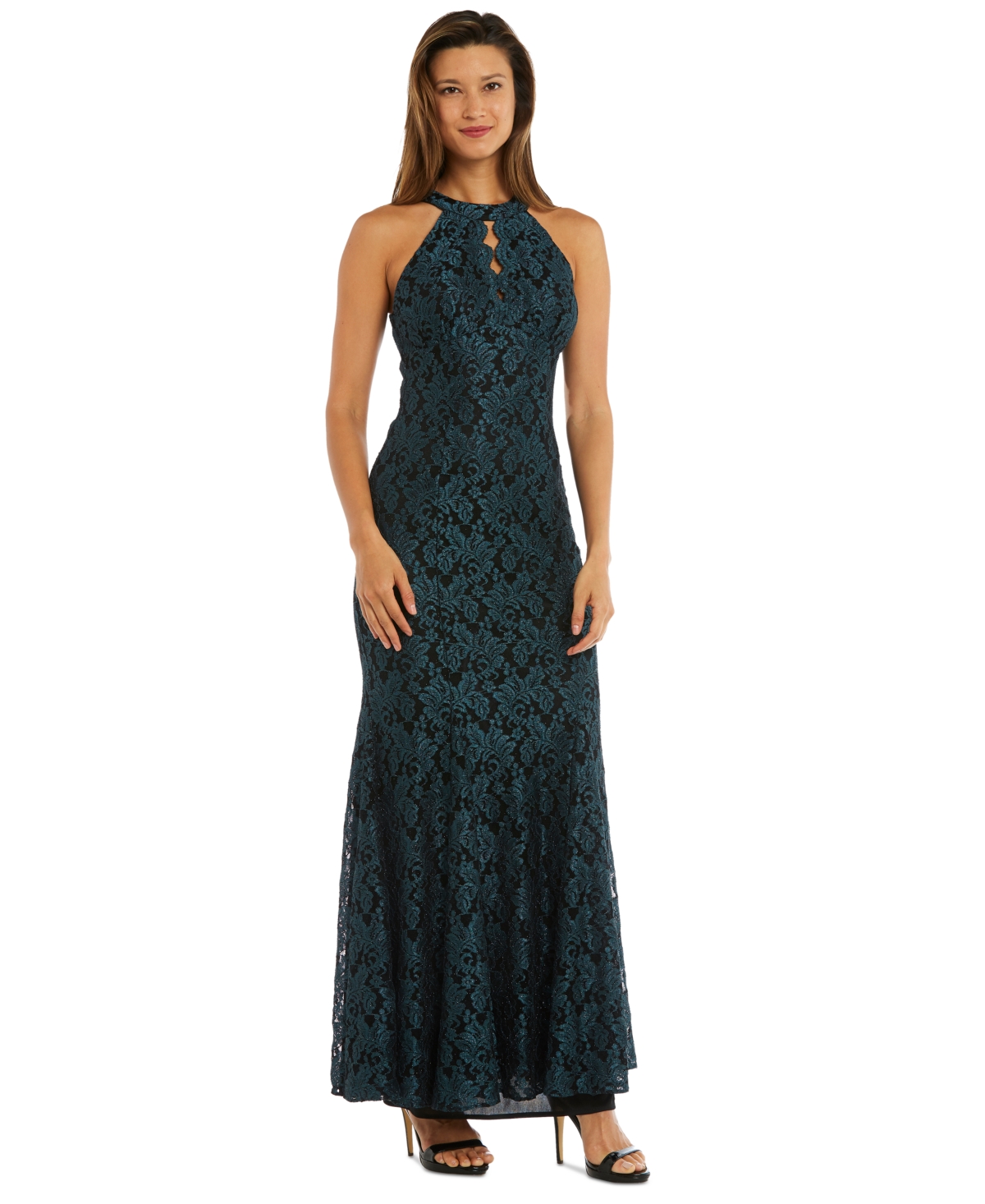 Click here for R & M Richards Womens Glitter Lace Halter Gown - S... prices