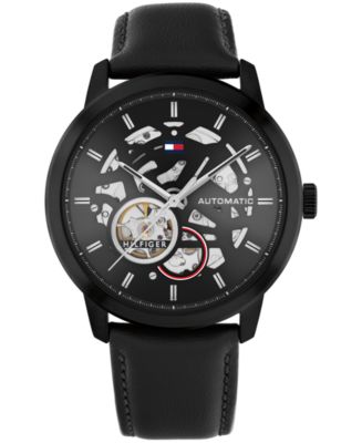 Tommy Hilfiger Men's Automatic Black Leather Strap Watch 43mm - Macy's