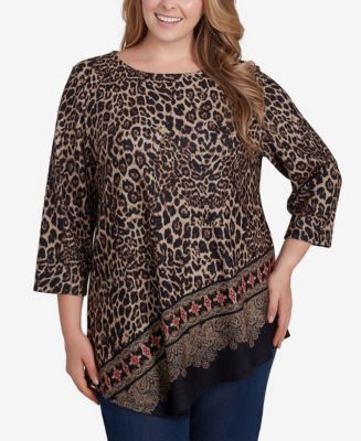 Ruby Rd. Plus Size Ballet Neck Print Hatchi Knit Top with Asymmetric ...