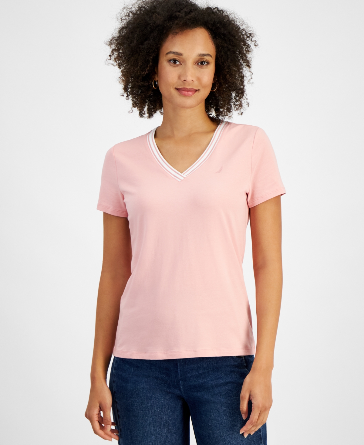 Click here for Nautica Jeans Womens Solid Stripe-Trim V-Neck - Br... prices