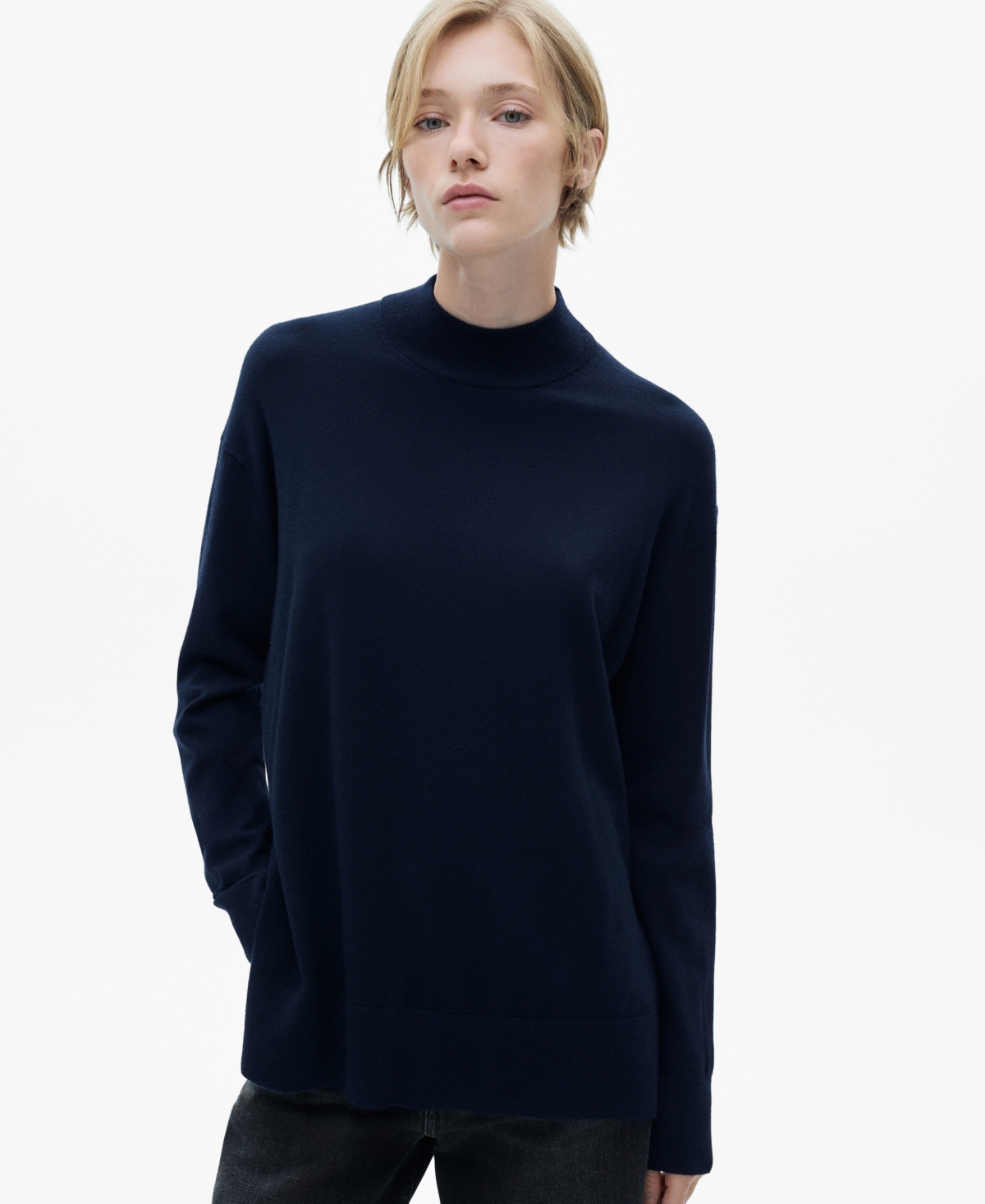 Click here for Mango Womens Perkins Neck Knitted Sweater - Dark N... prices