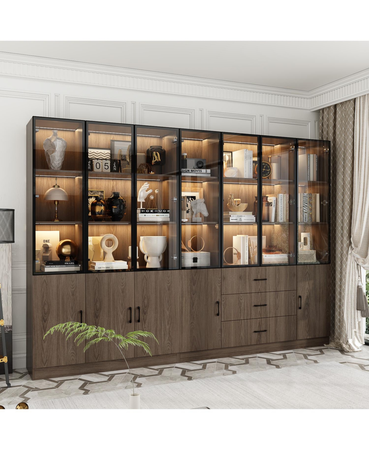 Click here for Famapy Brown Wood 23-Shelf Accent Bookcase with Gl... prices