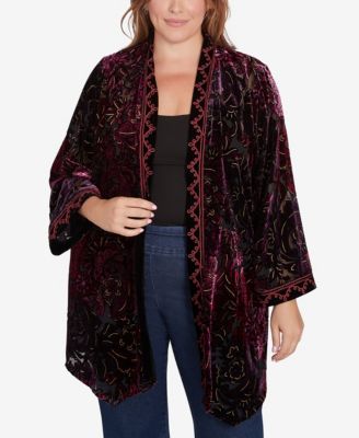 Ruby Rd. Plus Size Open Front Velvet Burnout Embroidered Cardigan ...
