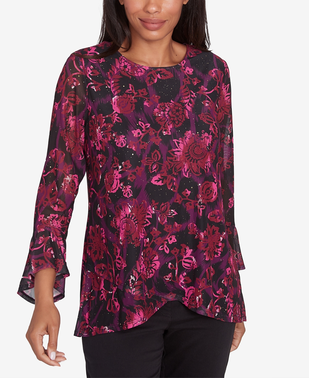 Click here for Ruby Rd. Petite Foiled Floral Mesh Crew Neck Blous... prices