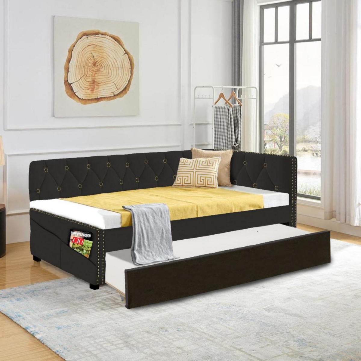Click here for Black Upholstered Twin Size Daybed Bed Frame (Corn... prices