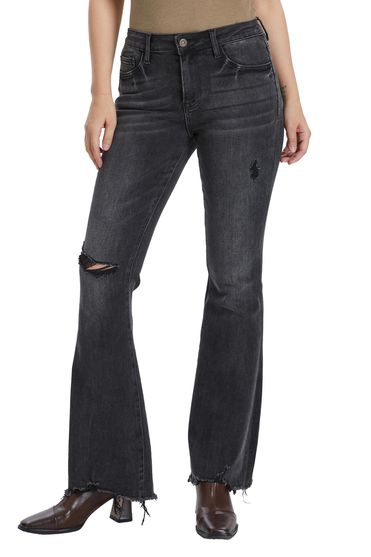 Click here for Bayeas Mid Rise Raw Edge Hem Flare Jean - Black ic... prices