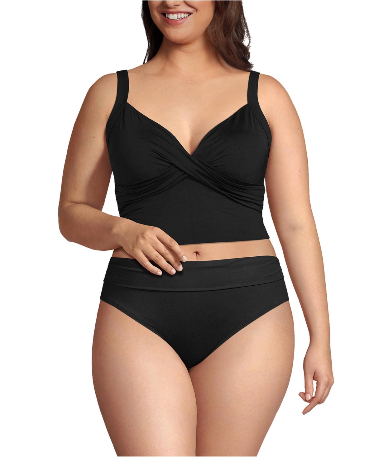 Click here for Lands End Plus Size V-Neck Wrap Midkini Top - Blac... prices