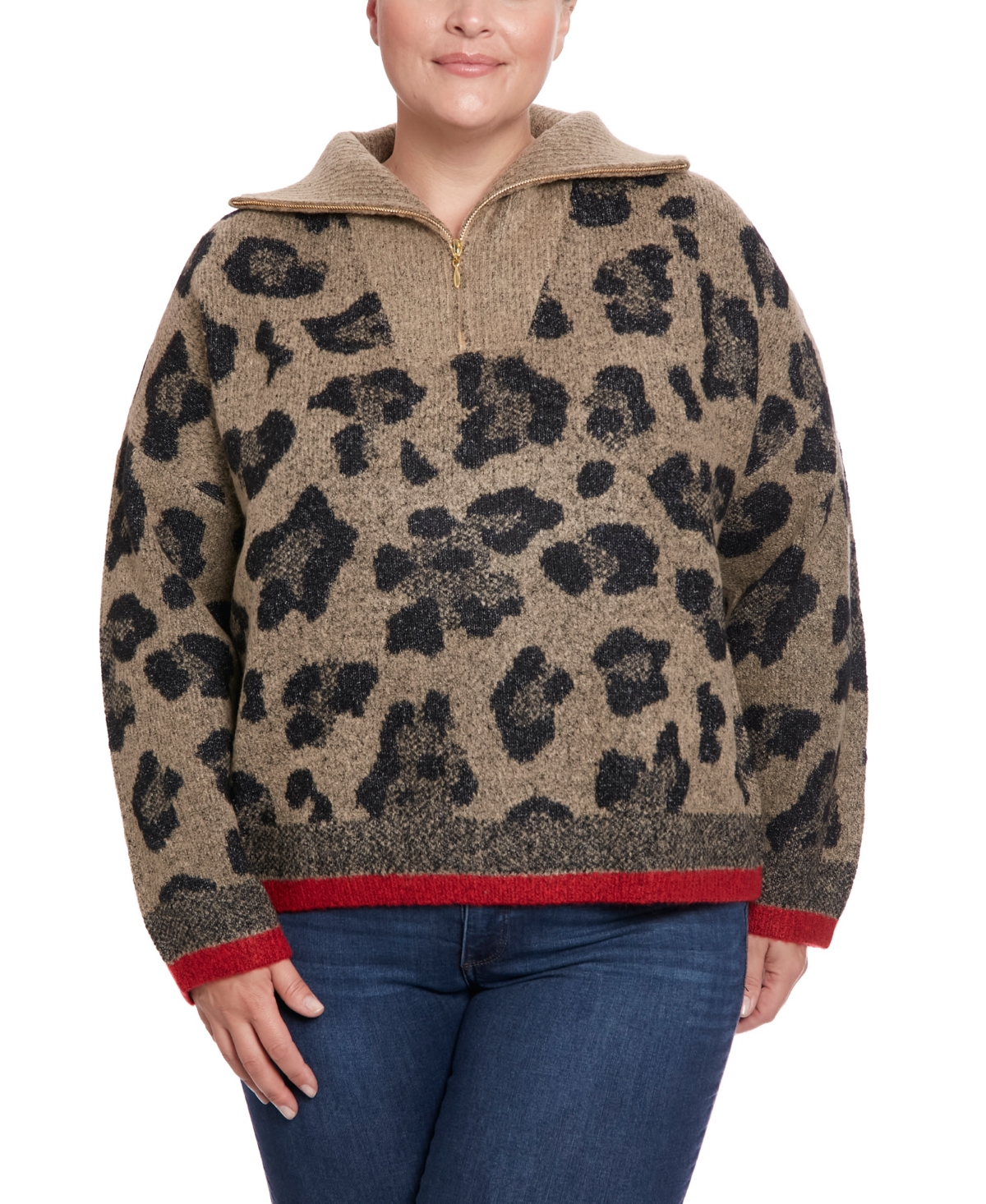 Click here for Joseph A Plus Size Tipped Leopard Quarter Zip Swea... prices