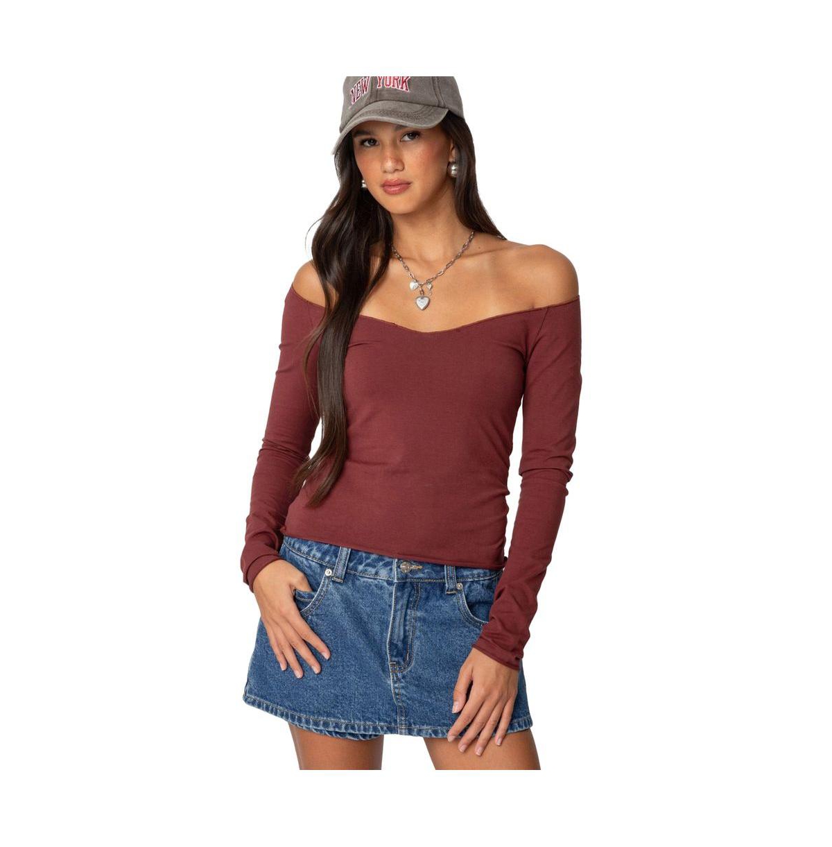 Click here for Edikted Womens Nattie Off Shoulder V Neck Top - Bu... prices