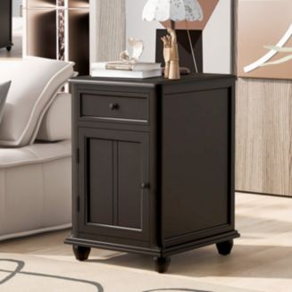 End Table with Solid Wood Legs, Side Table with USB Ports, 1 Storage ...
