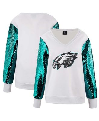 Cuce Women's White Philadelphia Eagles Sequin Sleeve V-Neck Pullover Sweatshirt - Macy's