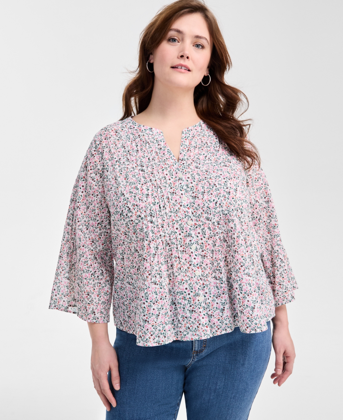 Click here for Style & Co Plus Size Printed Pintuck Top  Exclusiv... prices