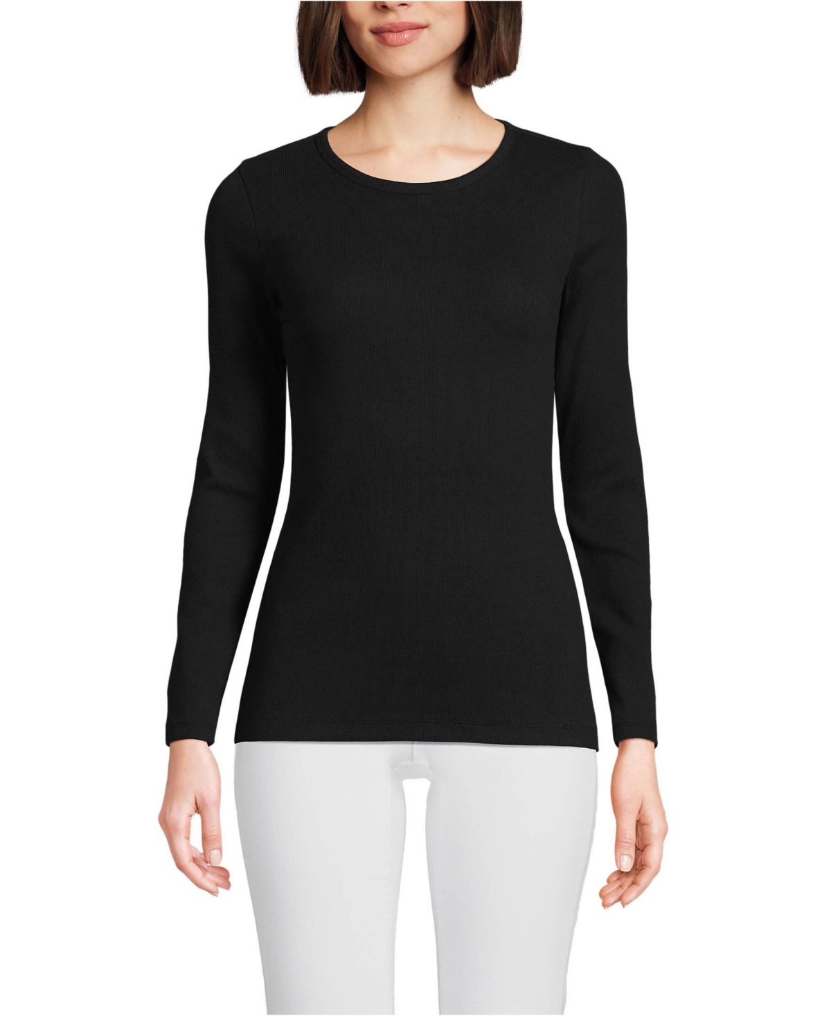 Lands End Womens Long Sleeve Micro Rib T-Shirt - Black