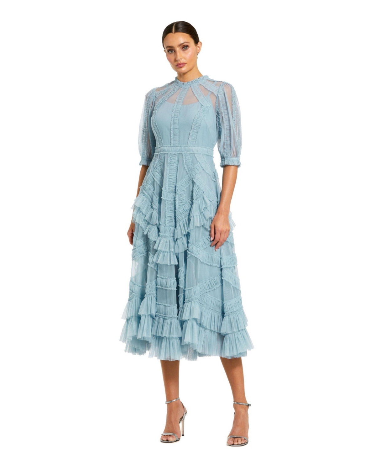 Click here for Mac Duggal High Neck Puff Sleeve Ruffle Tiered Dre... prices