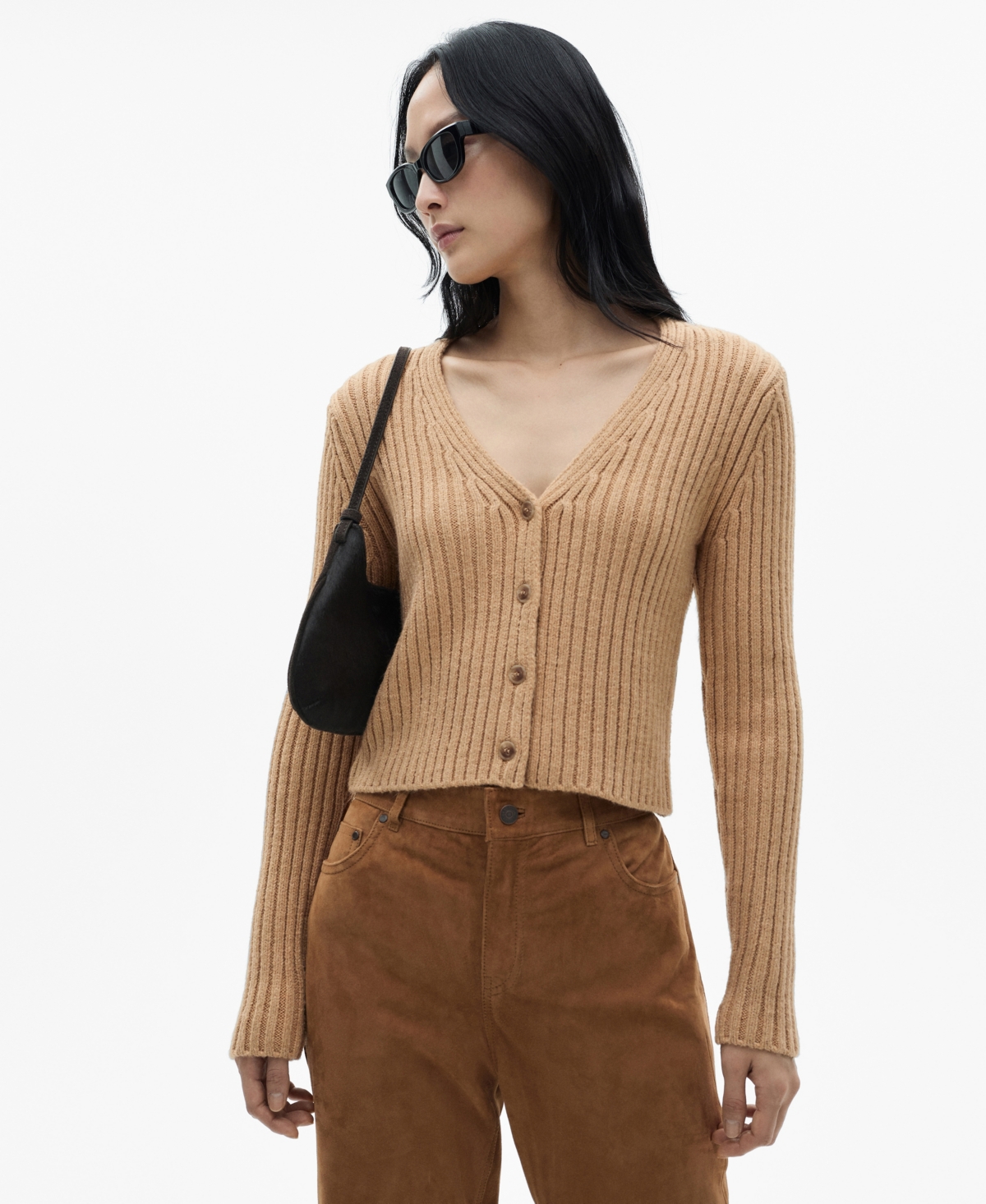 Click here for Mango Womens V-Neck Ribbed Cardigan - Medium Brown prices
