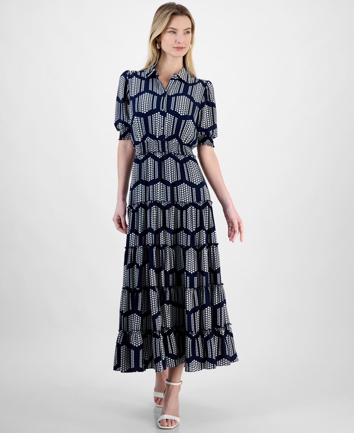 Click here for T Tahari Womens Smocked-Trim Elbow-Sleeve Tiered D... prices
