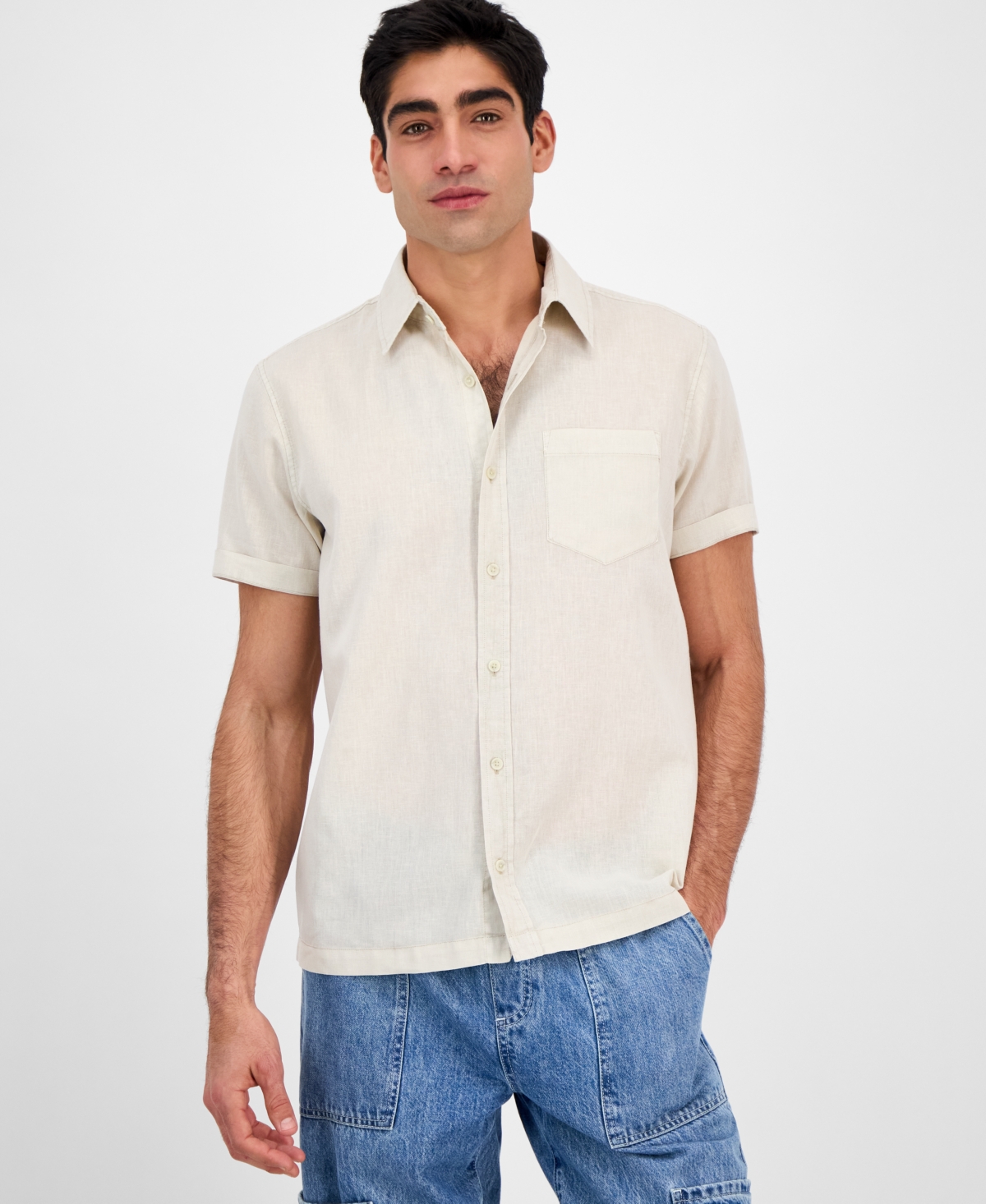 Click here for Sun + Stone Mens Blake Linen Chambray Short Sleeve... prices