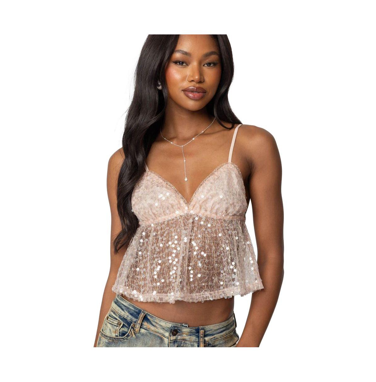 Click here for Edikted Womens Sheer Sequin Babydoll Tank Top - Pi... prices