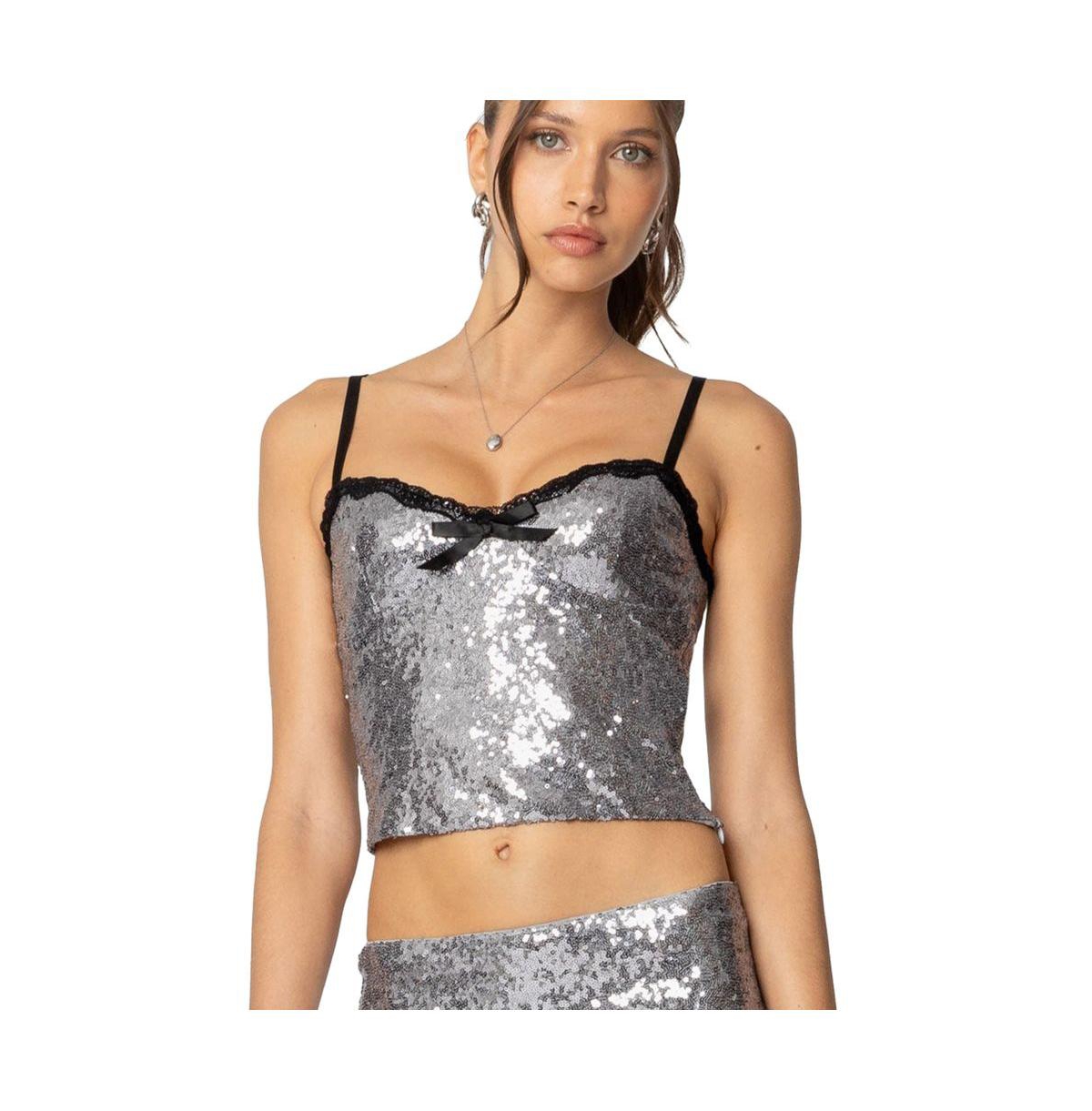 Click here for Edikted Womens Revel Lace Trim Sequin Tank Top - S... prices